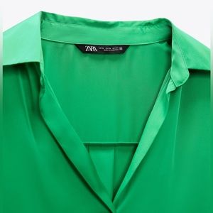 Zara | Tops | Nwt Zara Green Satin Effect Shirtblouse Size S | Poshmark